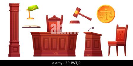Cartoon courtroom furniture and design elements isolated on white ...
