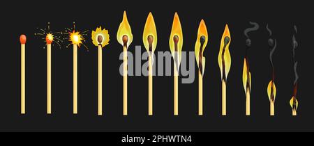 Burnt match stick with fire. Whole, ignite wooden matchstick. Cartoon ...