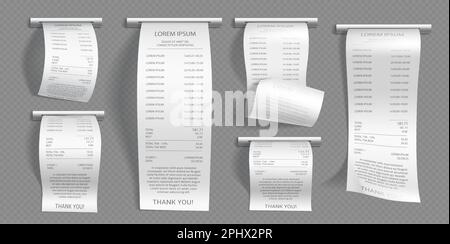 Realistic cash receipt out of slot, thermal paper bills, purchase ...