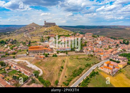 Aerial view of Atienza medieval town and castle in Spain with blue sky ...
