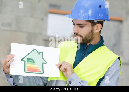 Laborer showing energy rating sign Stock Photo - Alamy