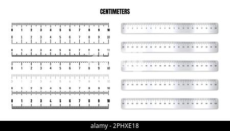 Realistic metal rulers with black centimeter scale for measuring length ...