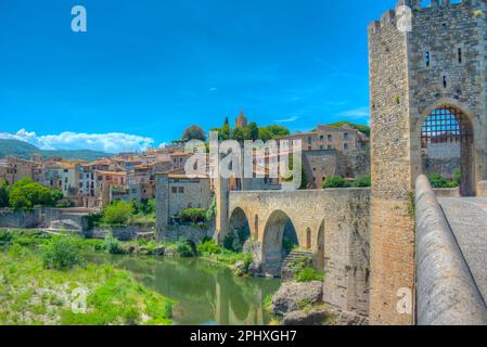 Cityscape of Spanish town Besalu dominated by a medieval bridge Stock ...