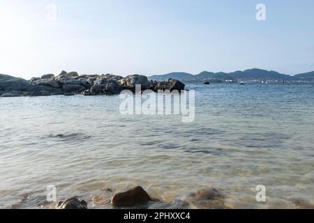 Landscape of Samil beach and coastline of Rias baixas in Galicia, at ...
