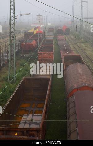 switchyard in morning mist, freight; trains in Hagen-Vorhalle, Germany ...