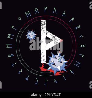 Design for a t-shirt of the runic letter called Kenaz next to a burning ...