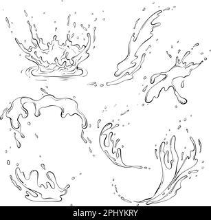 Outline drawing water splash crown flow with bubbles and drops isolated ...