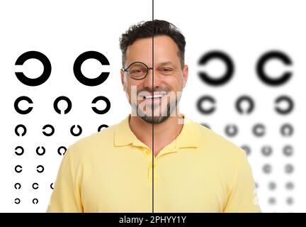 Collage with photos of man with and without glasses and eye charts on ...