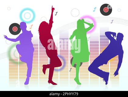 Colorful silhouettes of people dancing on white background ...