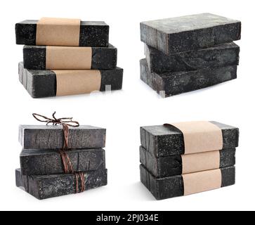 Set with tar soap bars on white background. Banner design Stock Photo ...