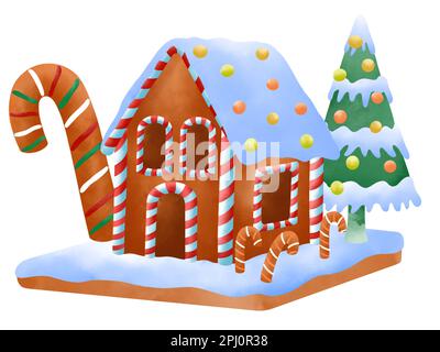 Cute watercolor Christmas house isolated illustration in soft pastel ...