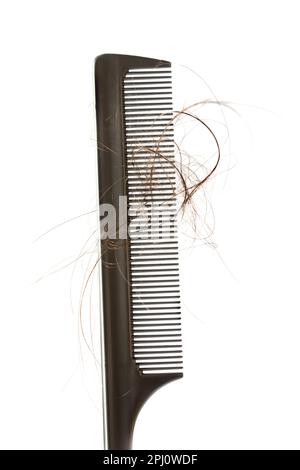 Strands of fallen hair wound on a thin comb, isolated on a white ...
