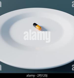 Single pill on a white plate, 3d rendering. Nutritional supplement ...