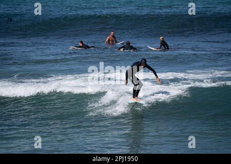 Practising surfing the waves on a quiet day at Yanchep Beach, Perth ...