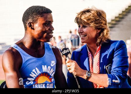 Carl Lewis (USA) being interviewed by ABC Donna de Varona at the 1984 ...
