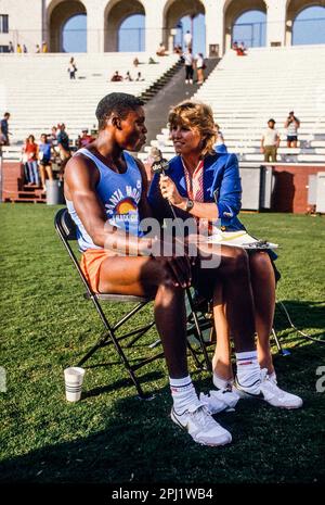 Carl Lewis (USA) being interviewed by ABC Donna de Varona at the 1984 ...