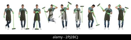 Collage with photos of happy man with broom on white background. Banner ...