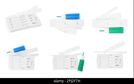 Set with disposable express test kits for hepatitis on white background ...