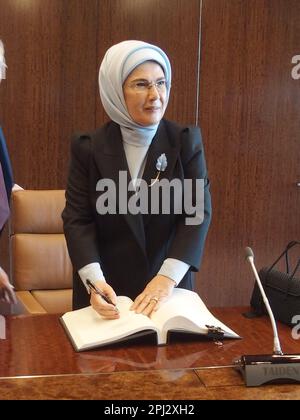 Turkish First Lady Emine Erdogan, meets nursing home residents during a ...