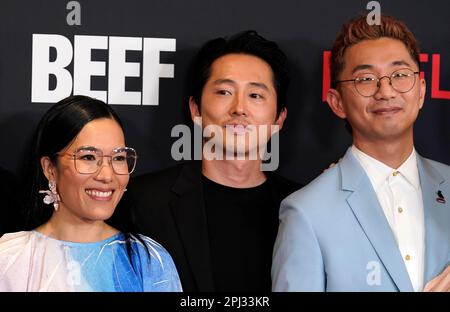Lee Sung Jin, Ali Wong and Steven Yeun arriving to Netflix’s “BEEF” Los Angeles Premiere held at ...
