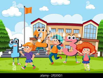 School kids with math theme outdoor background illustration Stock ...