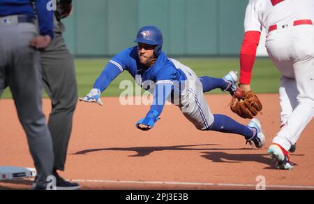 Toronto Blue Jays' George Springer watches his two-run RBI single off Cleveland Guardians ...