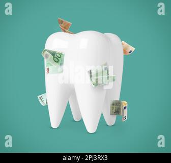 Model of oral cavity with teeth and dollar banknotes on light blue ...
