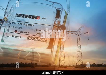 Electricity meter and high voltage towers, double exposure Stock Photo ...