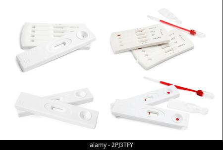 Set with disposable express test kits for hepatitis on white background ...