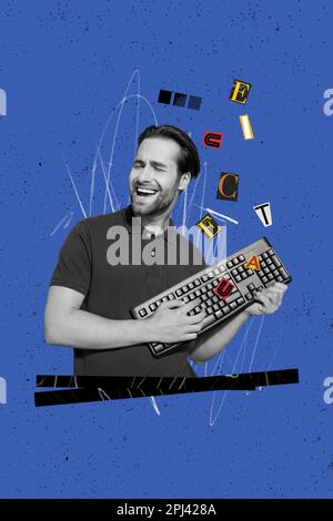 Young businessman playing guitar at composite collage background Stock ...