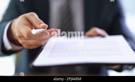 Partnership agreement, realtor give contract paper with pen to sign ...