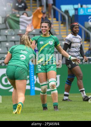 Ireland's Stacey Flood scores a try during the Women's Rugby World Cup ...