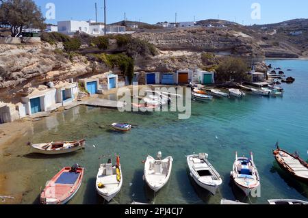 Greece, Island of Milos: the tiny inner harbour at Mandrakia, a fishing ...