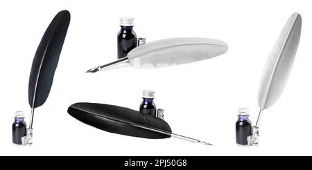 Set with quills and inks on white background. Banner design Stock Photo ...