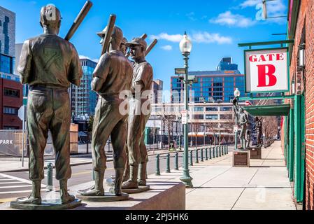 The Fenway Park Stadium's architecture with statues of former baseball ...