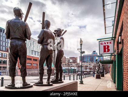 The Fenway Park Stadium's architecture with statues of former baseball ...