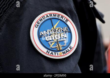 Badge on a uniform of a GIGN member during a ceremony in tribute to ...