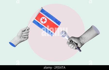 Art collage, hand with DPRK flag on blue background with navigation ...