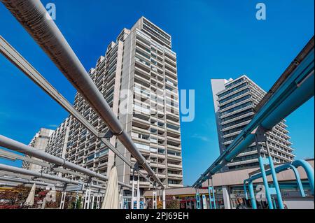 High-rise buildings with pipe system in the former Olympic Village ...
