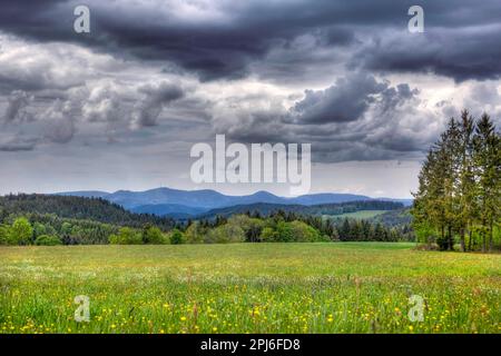View into the Kirnbach valley, landscape in the Black Forest with dark ...