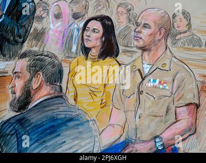 This artist sketch depicts Marine Maj. Joshua Mast and his wife ...