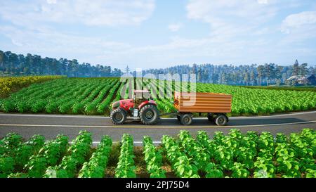 Tractor working in agricultural plots. 3d render Stock Photo - Alamy