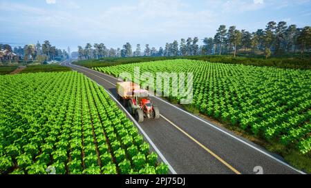 Tractor working in agricultural plots. 3d render Stock Photo - Alamy