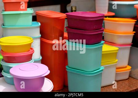 Cairo, Egypt, February 4 2021: pile of several and many Tupperware ...