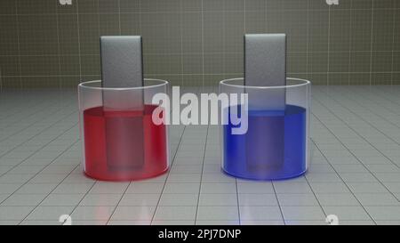 Electrochemistry. Chemistry beakers filled with colored blue and red ...