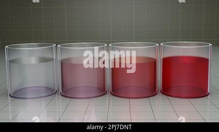Chemistry beakers filled with colorful liquids. Red, green, blue ...