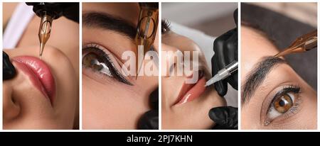 Permanent makeup. Beauty procedures. The master applies a tattoo on the ...