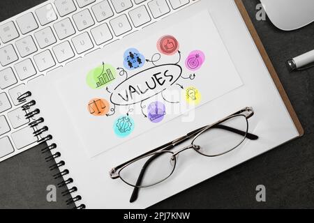 Concept of core values. Notebook with different images on white marble ...