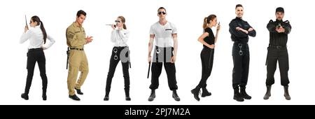 Collage of different professional security guards on white background ...