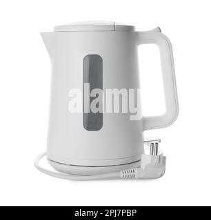 Modern electric kettle with base and plug isolated on white Stock Photo ...